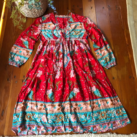 Dresses | Gypsy Ruby Lotus Long Sleeve Boho Peasant Dress Midi Floral ...